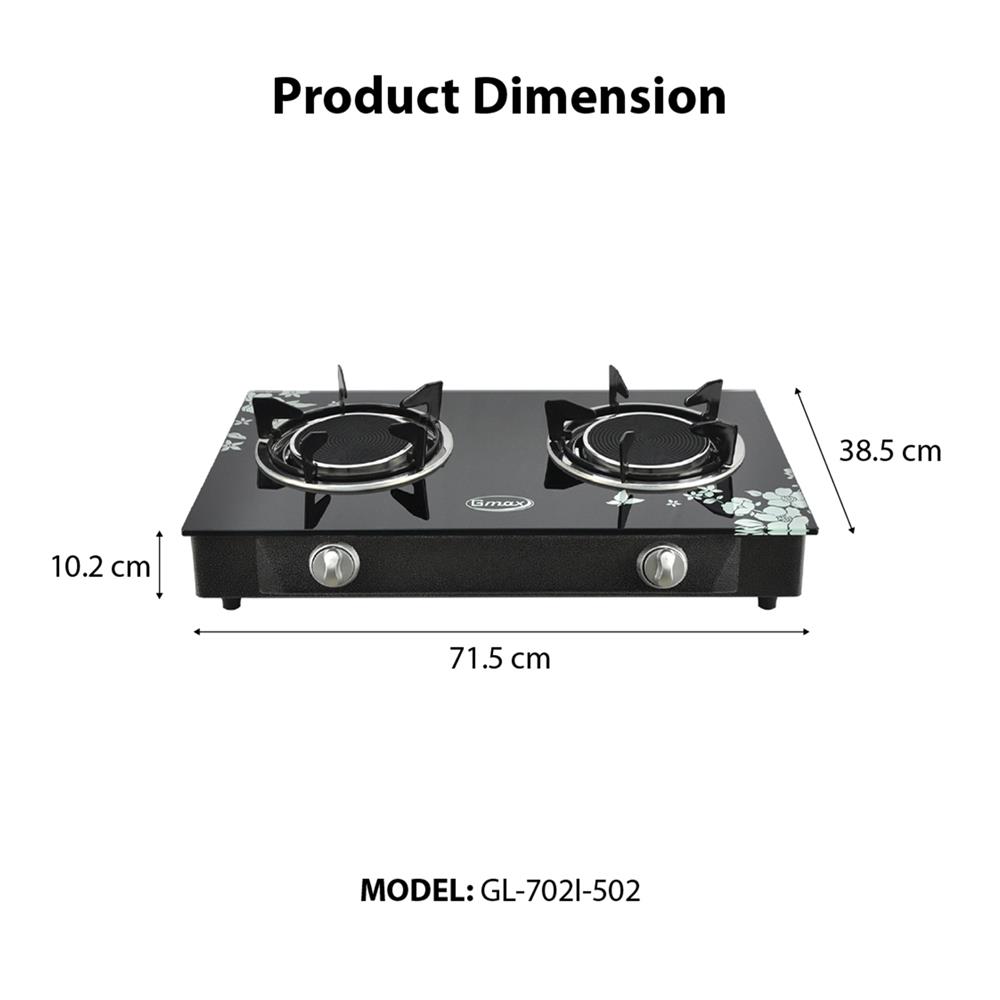 เตาแก๊สตั้งโต๊ะ 2 หัวแก๊ส GMAX GL-702I-502 สีดำกระจก