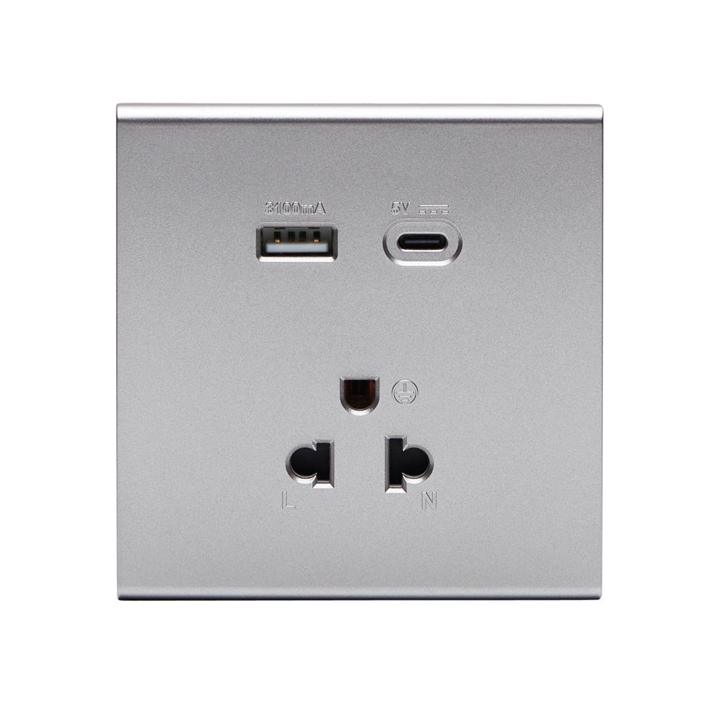 ชุดเต้ารับเดี่ยว 3 ขา พร้อม USB และ TYPE-C SAHN D10LUSBC-SL สีเงิน